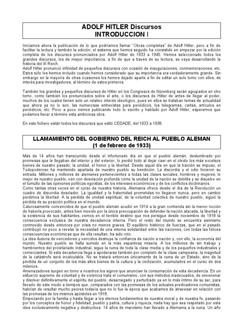 Adolf Hitler - Discursos de Entre 1933 - 1938 | PDF | Alemania nazi ...