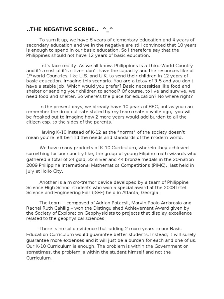 Debate - Negative Scribe Sample | PDF | Teachers | Sharing