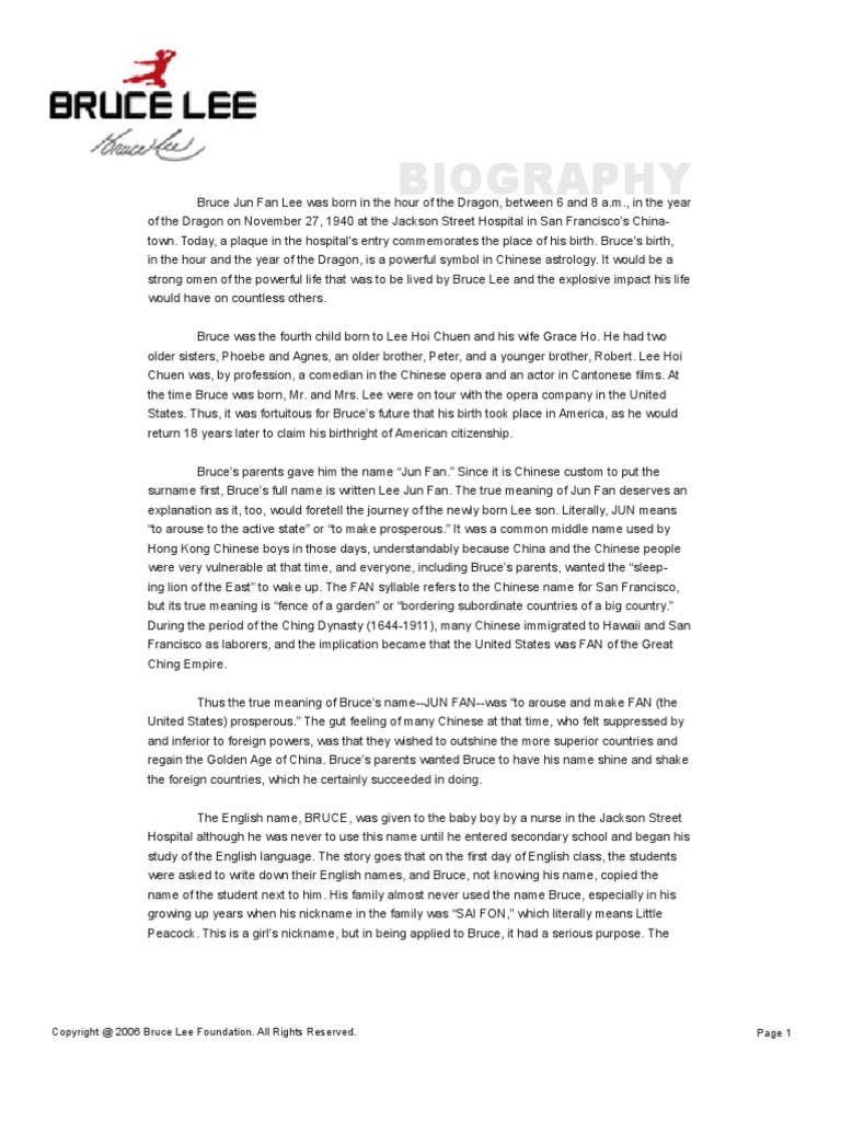 Biography of Bruce Lee | Download Free PDF | Bruce Lee | Chinese ...