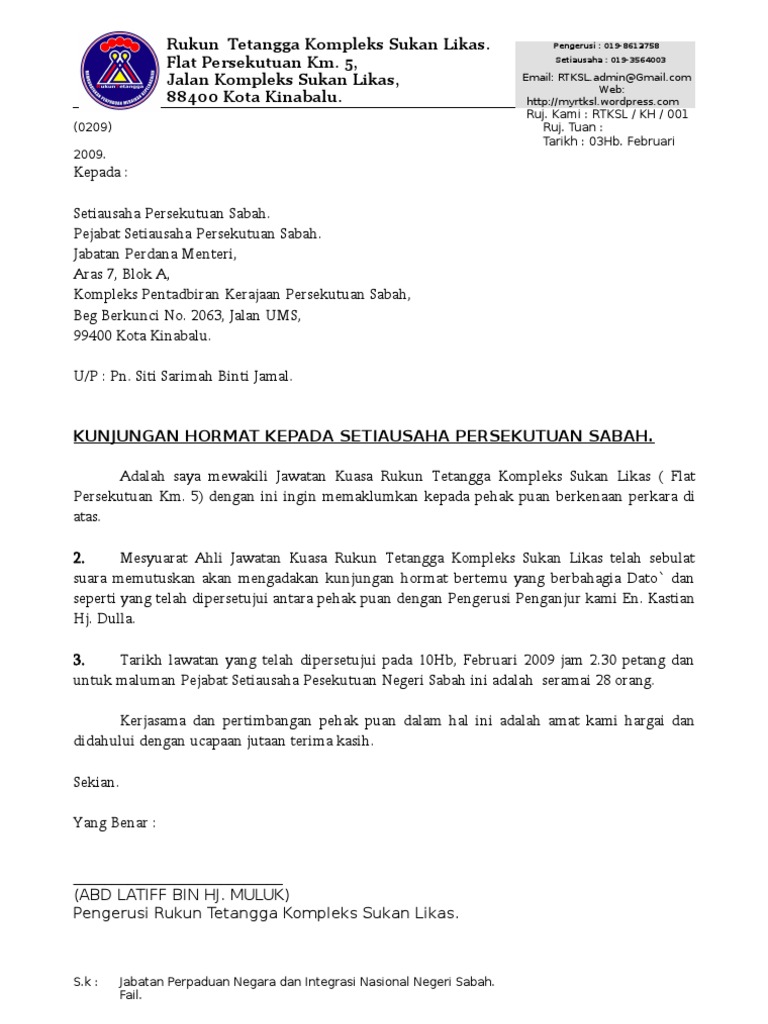 Contoh Surat Rasmi Kunjungan Hormat Contoh Surat Rasmi Kunjungan Hormat