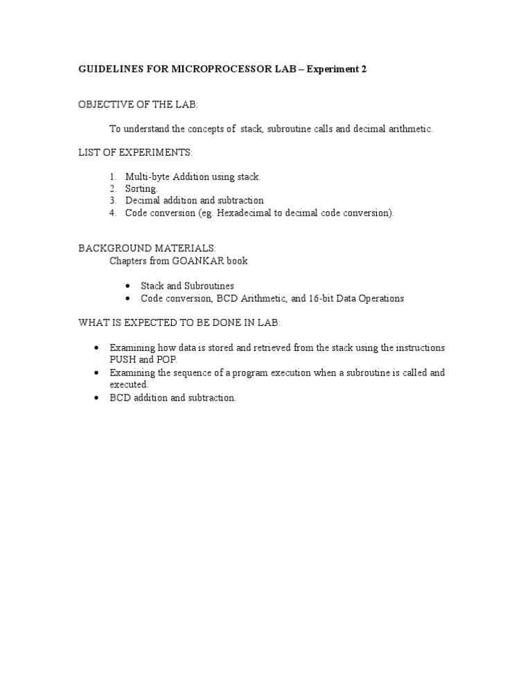 Guidelines For Microprocessor Lab - Experiment 2 | PDF | Binary Coded Decimal | Subroutine