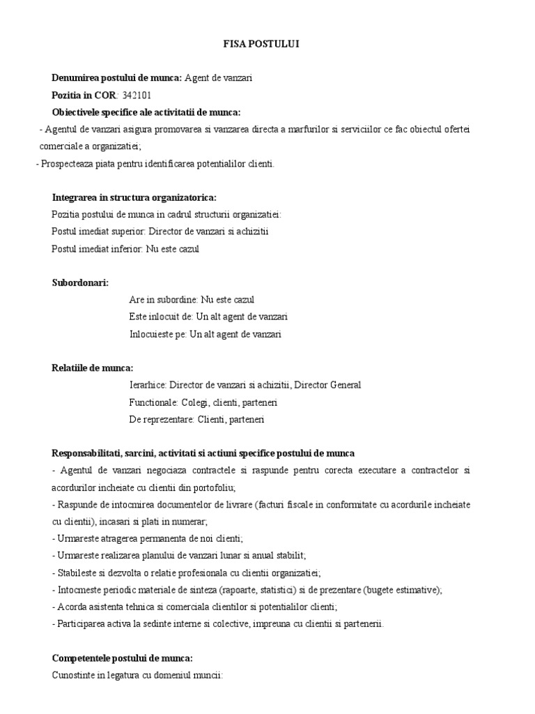 Fisa Post Agent Vanzari | PDF