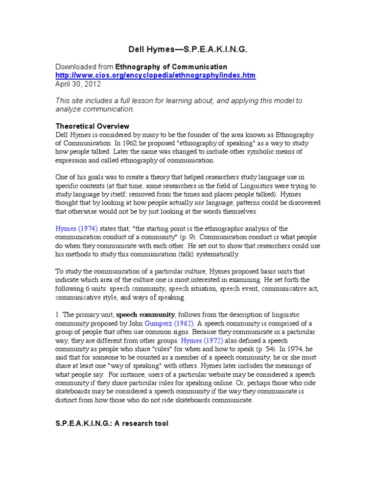 Dell Hymes Speaking | PDF | Ethnography | Semiotics