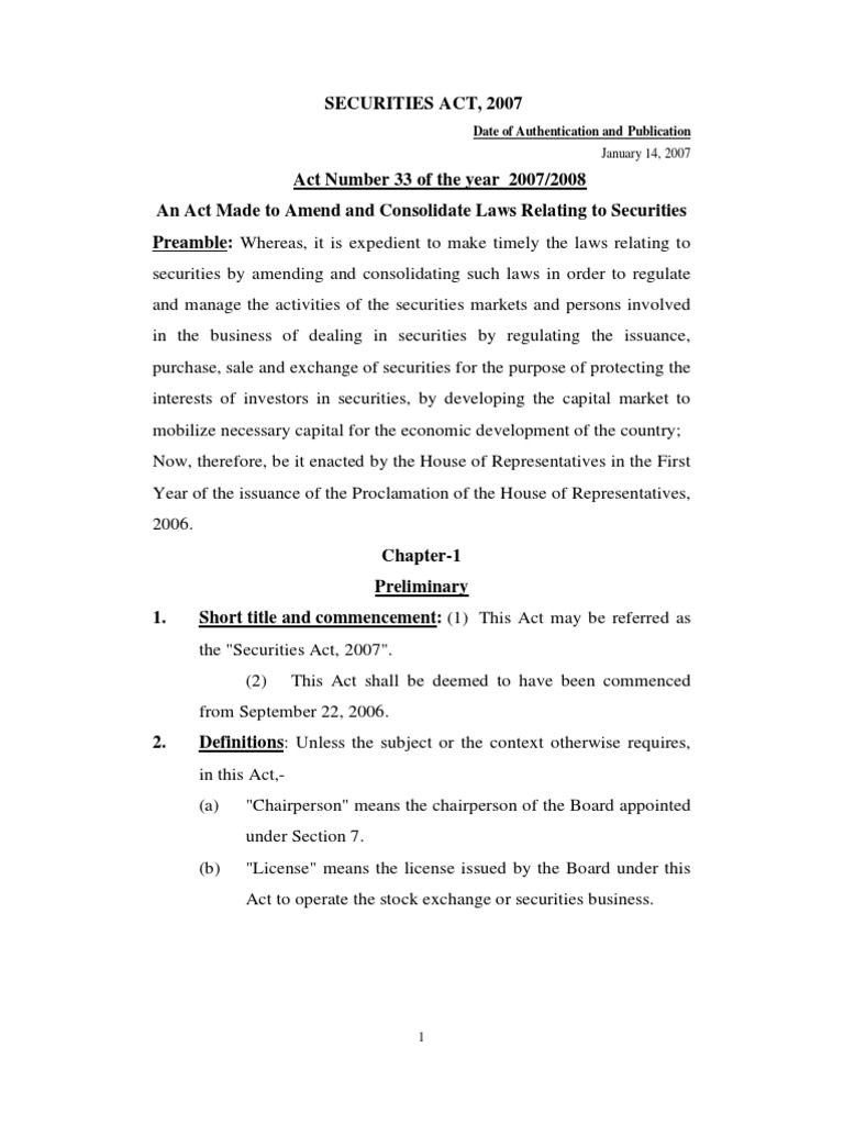 Securities Act 2063 | Securities (Finance) | Stock Exchange