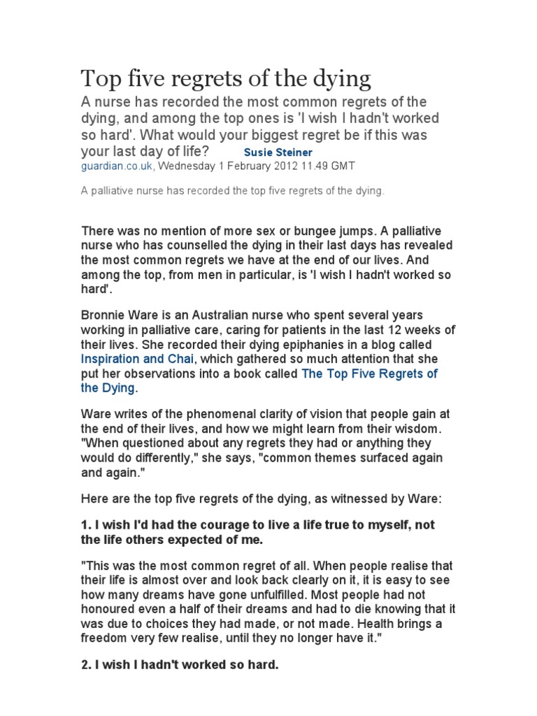 SC ART Top Five Regrets of The Dying | PDF | Wellness | Medical