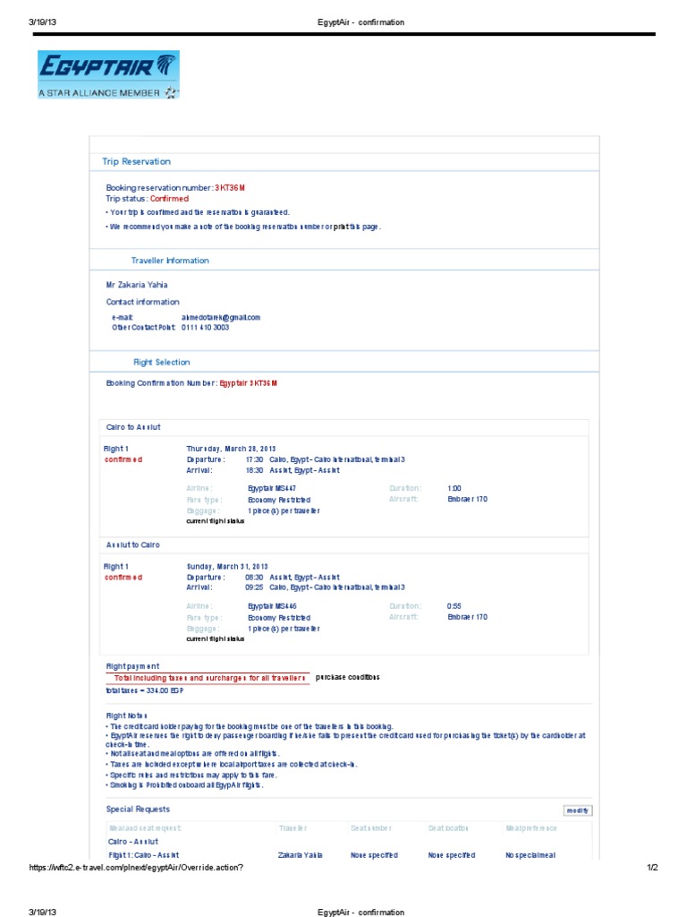 EgyptAir - Confirmation | PDF | Industries | Aviation