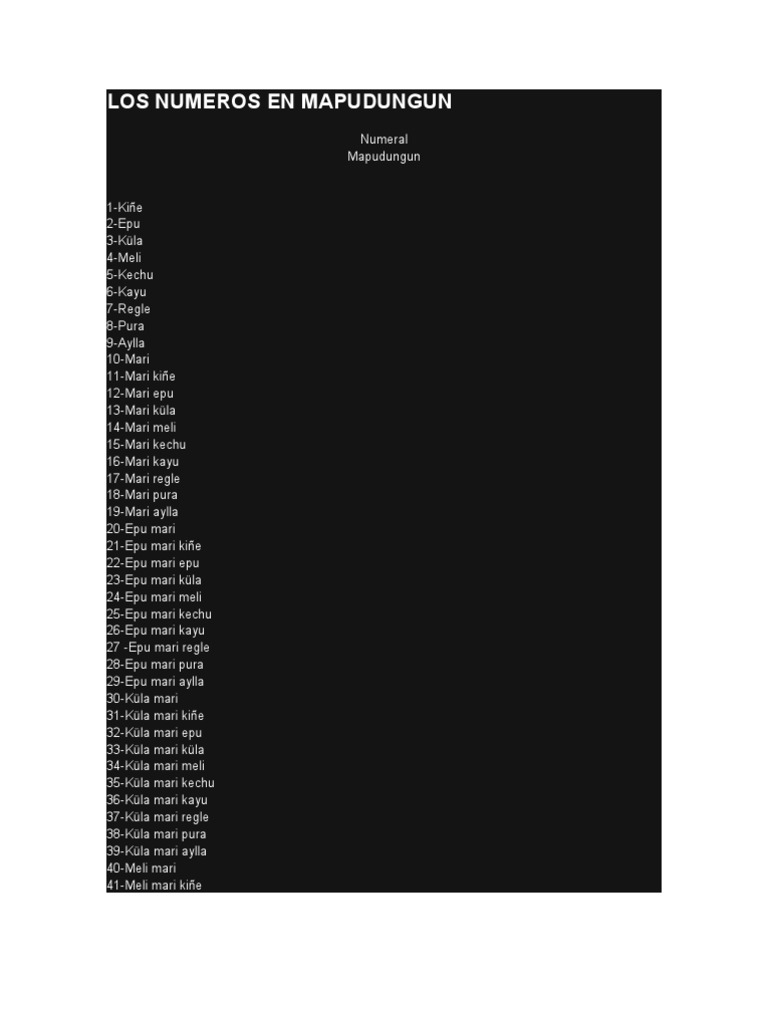 Números en Mapudungun del 1 al 100 | PDF | Cocina, comidas y vino
