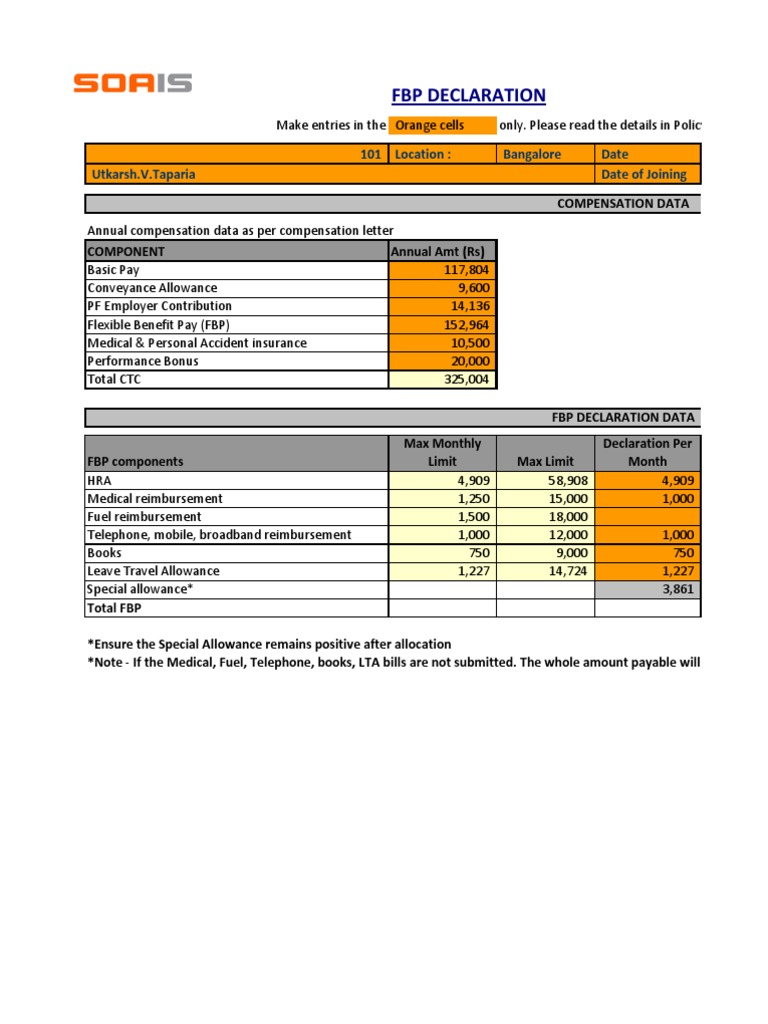 FBP Declaration Form For F.Y 2010-11 | PDF | Income Tax In India ...