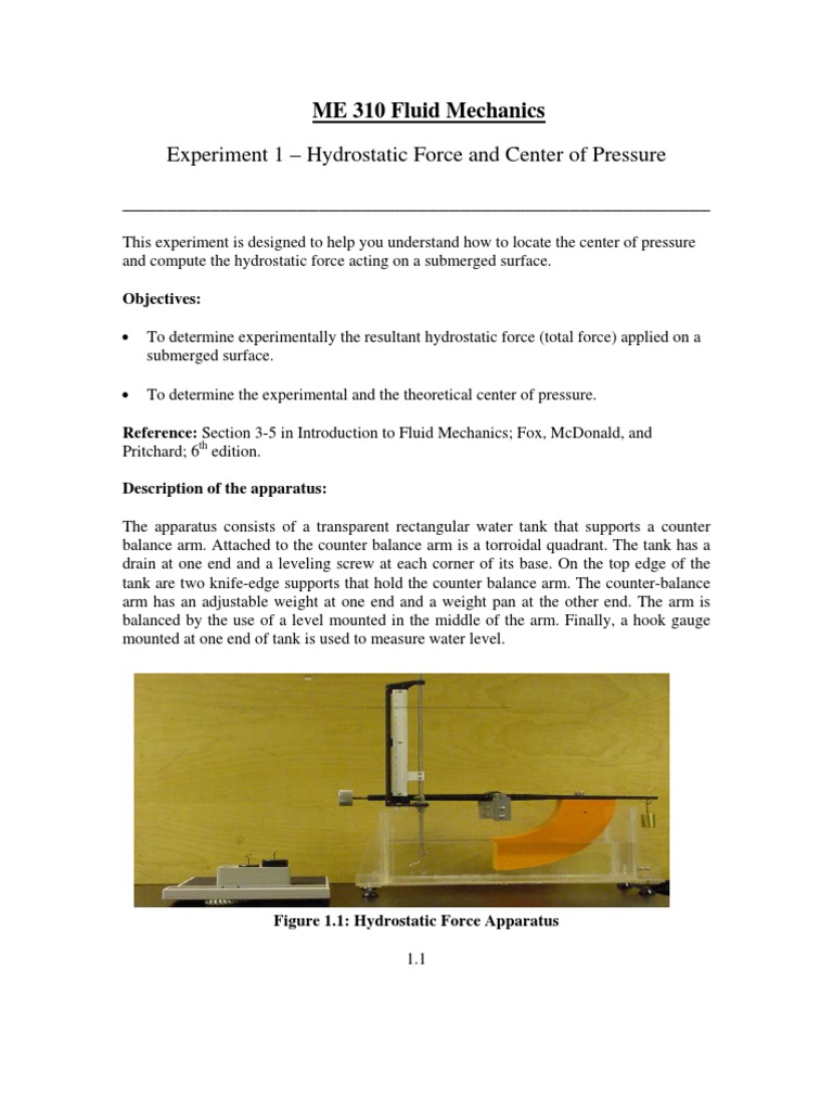 Hydrostatic Force & Center of Pressure Experiment | PDF | Pressure ...