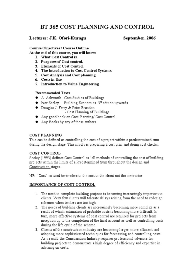 Lecture 1& 2 - Cost Planning and Control | PDF | Surveying | Roof
