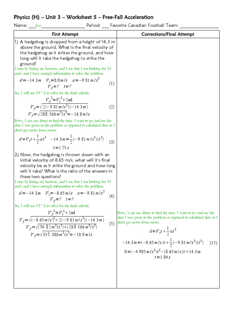 Free Fall Acceleration - Solutions | PDF | Velocity | Equations