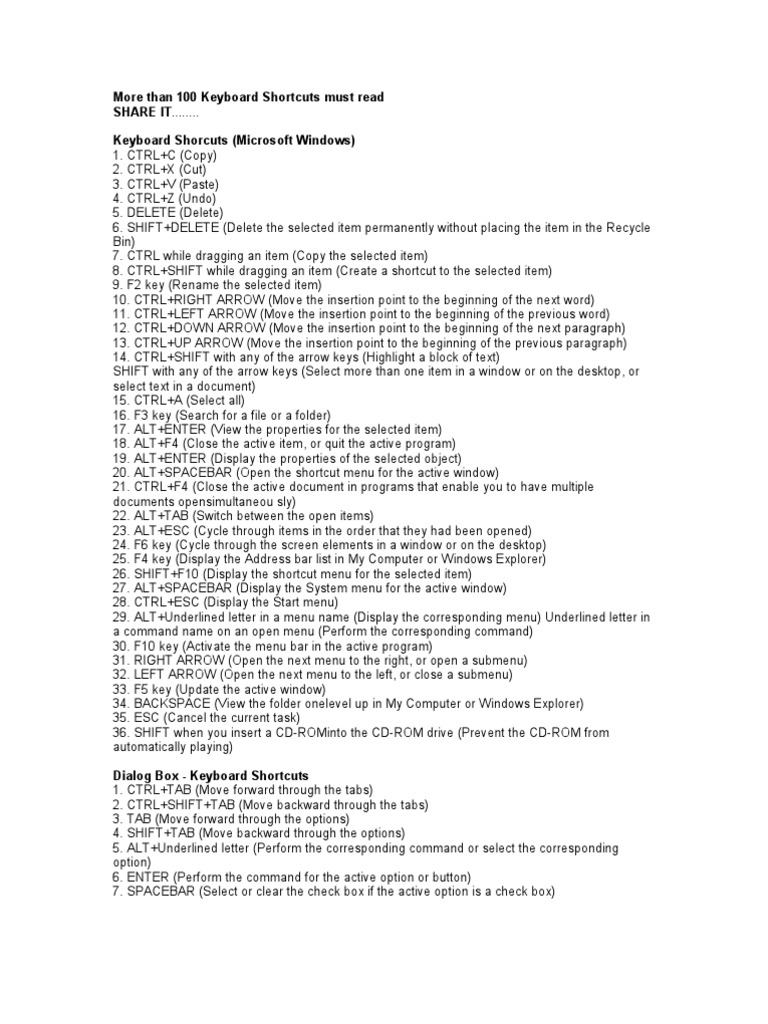 More Than 100 Keyboard Shortcuts Must Read SHARE IT........ Keyboard ...