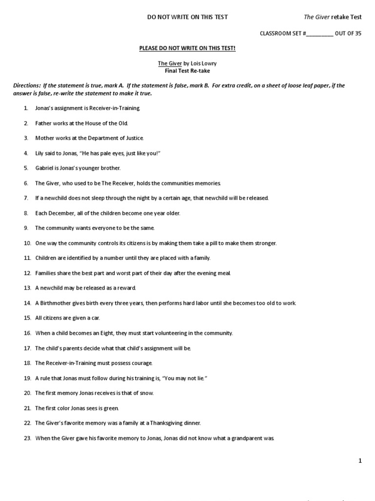The Giver Final Test | Download Free PDF | The Giver