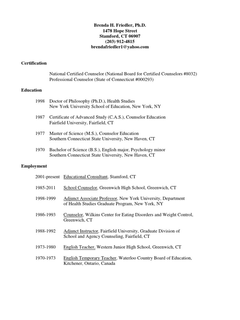 Dr. Friedler's Resume' | PDF | School Counselor | Adolescence