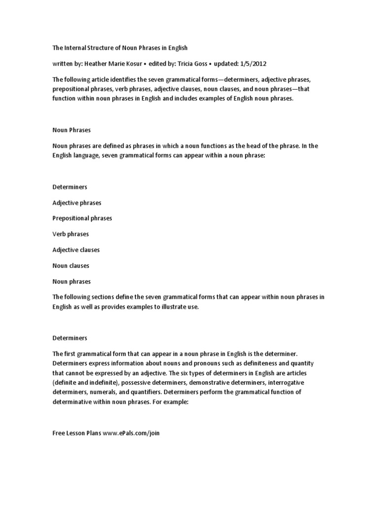 The Internal Structure of Noun Phrases in English | PDF | Adjective ...