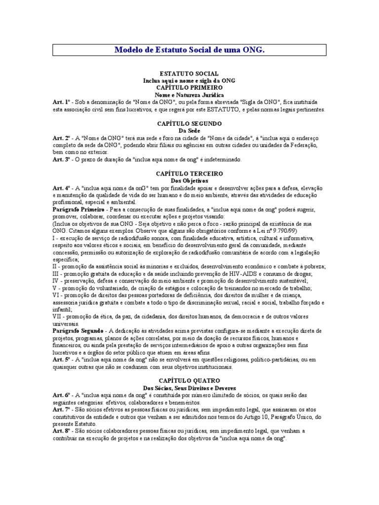 Modelo Estatuto Ong | PDF | Contabilidade | Organização não-governamental