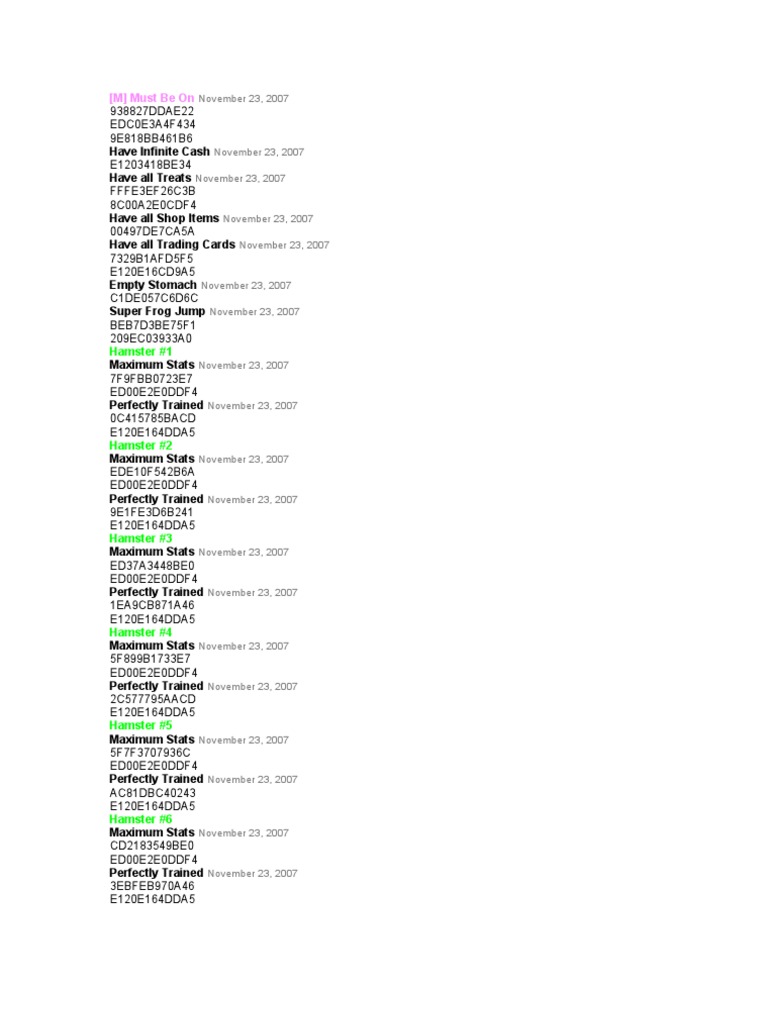 Virtual Pet Hamster Cheat Codes | PDF