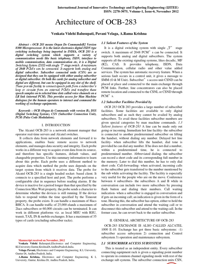 Architecture of Ocb 283 | PDF | Telephone Exchange | Data Transmission
