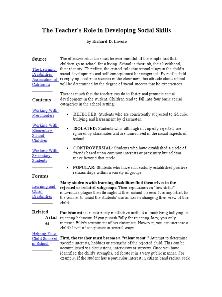 The Teacher's Role in Developing Social Skills: Source | PDF | Social ...