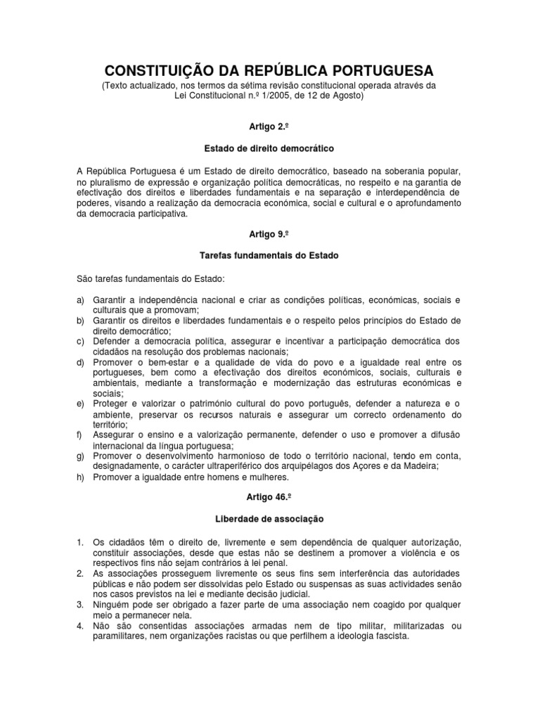 CONSTITUIÇÃO DA REPÚBLICA PORTUGUESA (Revisão de 2005) | PDF | Estado ...