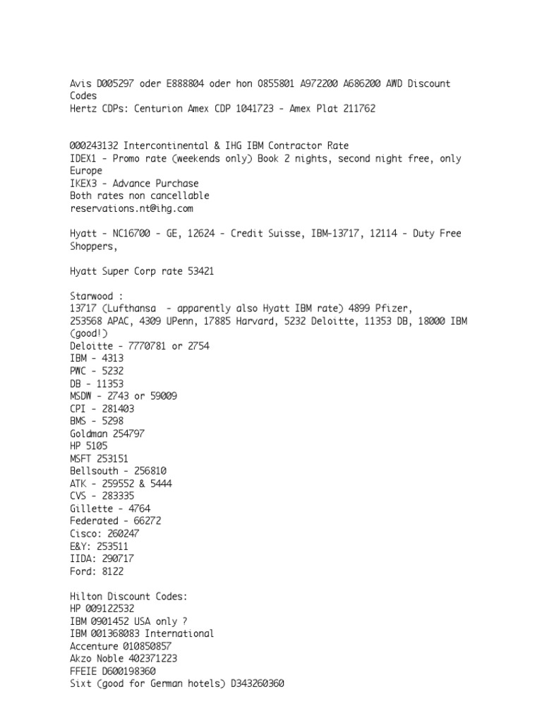 Hotel Corporate Codes | PDF | Hilton Worldwide | Companies