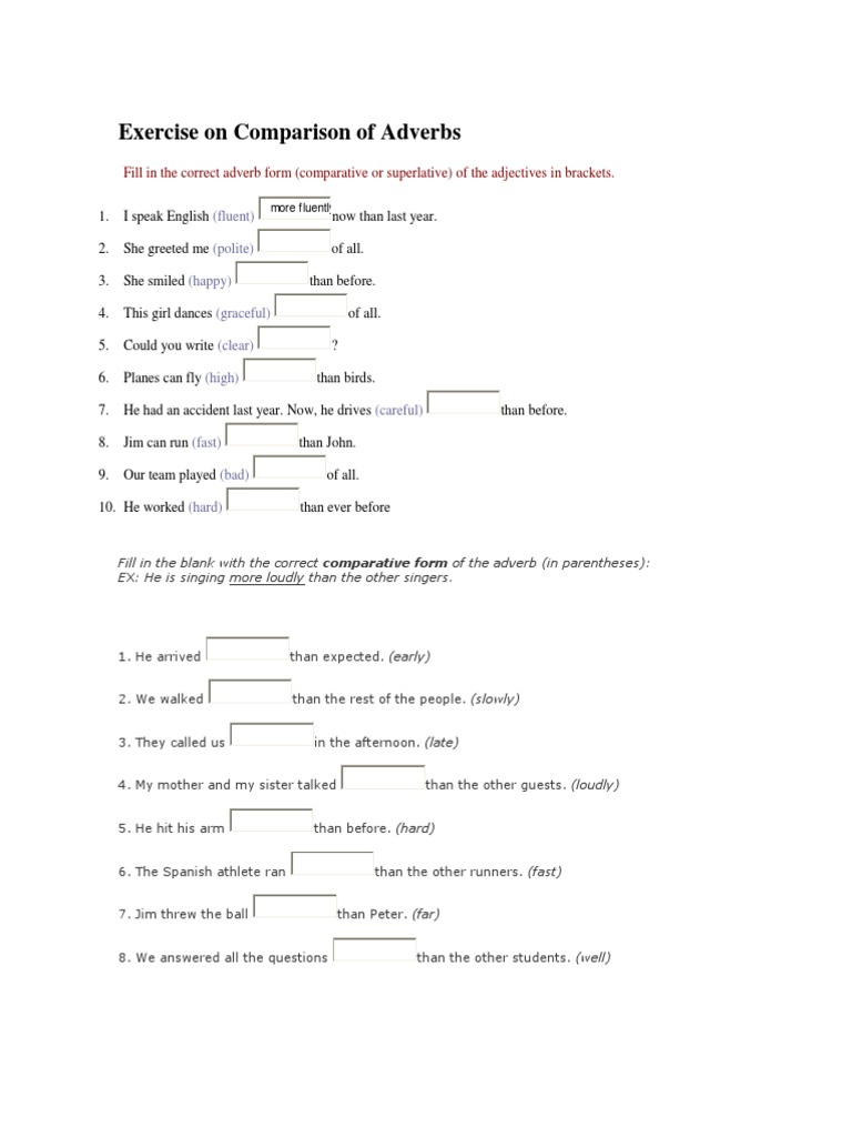 Exercise On Comparison of Adverbs | PDF | Adverb | Linguistic Typology