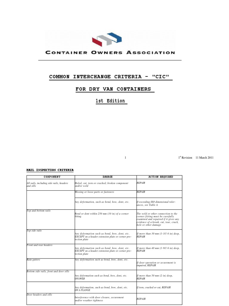 Common Interchange Criteria - "Cic" For Dry Van Containers 1st Edition ...
