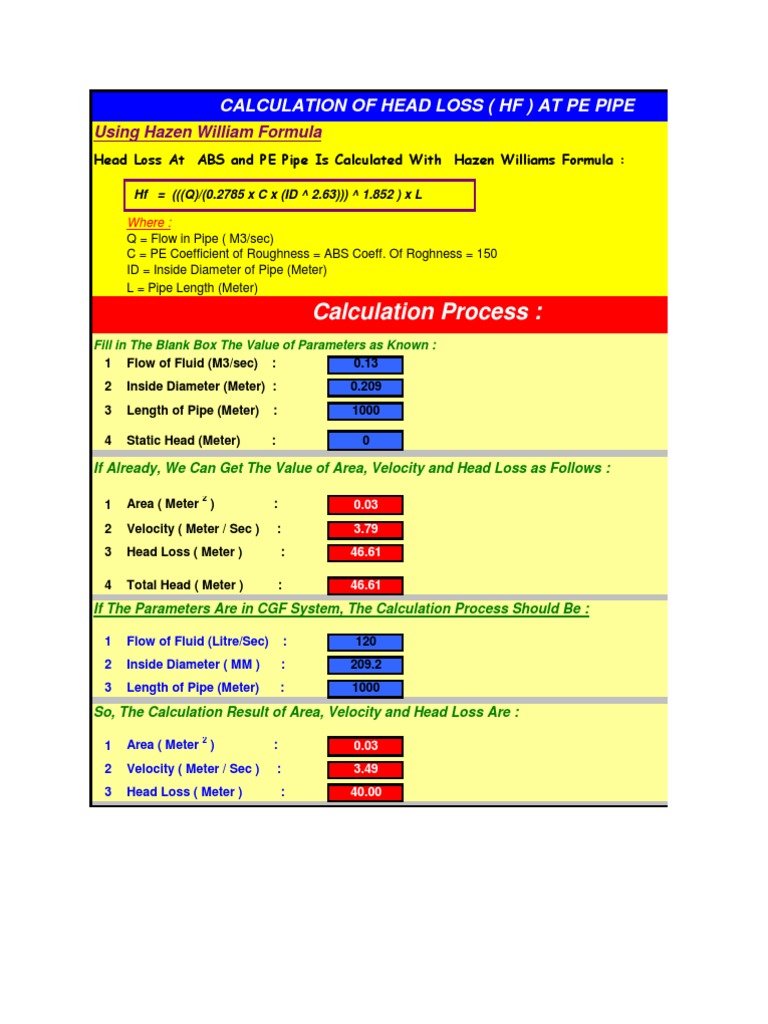 Head Loss Calculation Using Hazen-Williams | PDF | Gas Technologies ...