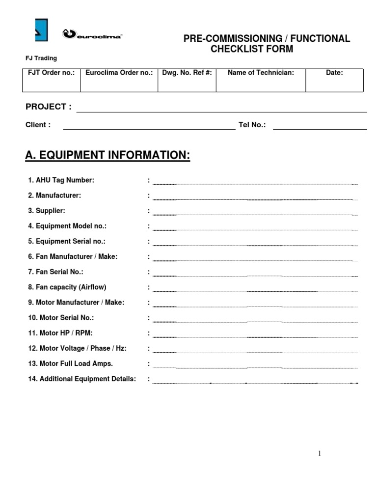 AHU - Pre-Commissioning Checklist Form | Mechanical Engineering ...