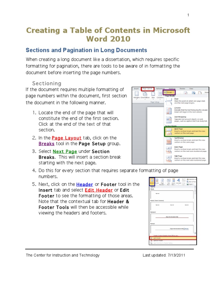 Creating A Table of Contents in Microsoft Word 2010: Sections and ...