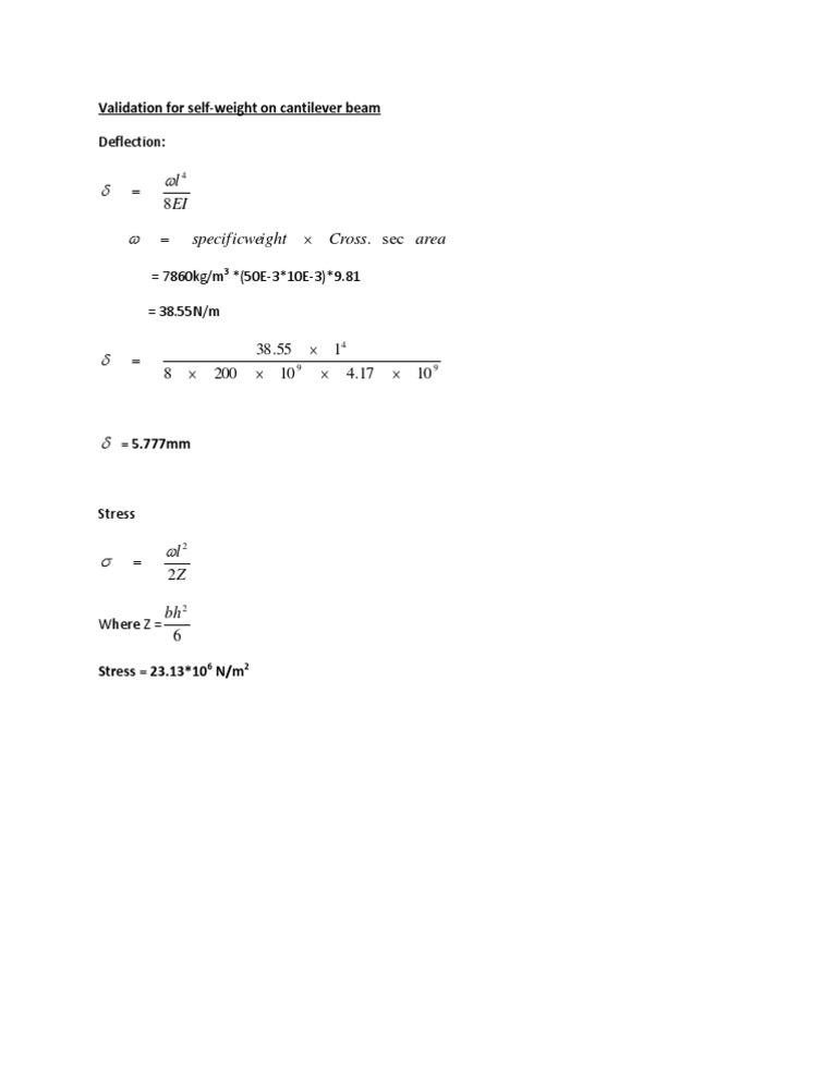 Deflection:: Validation For Self-Weight On Cantilever Beam | PDF ...