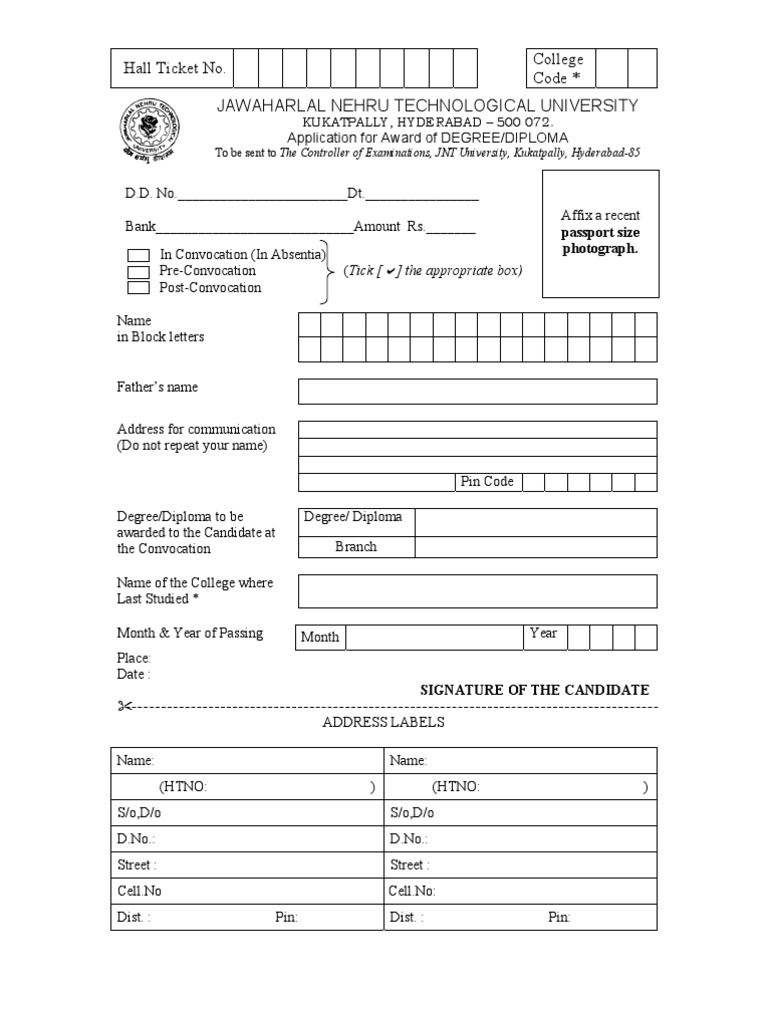 Degree/Diploma Application Form JNTU | PDF