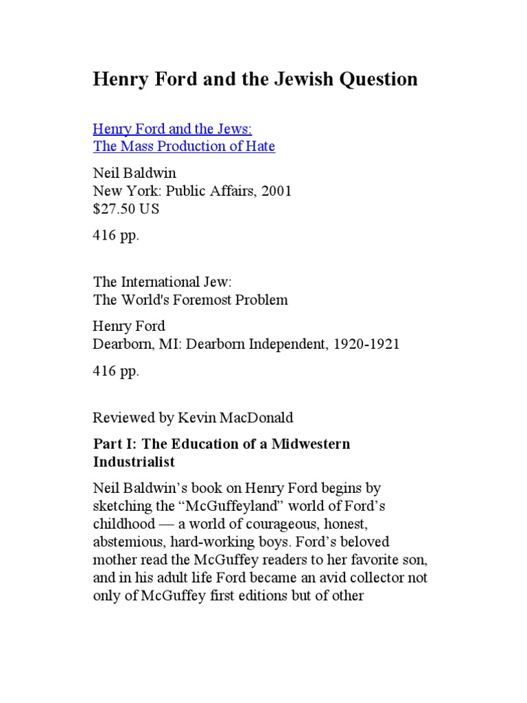 Henry Ford and The Jewish Question Part 1 | PDF