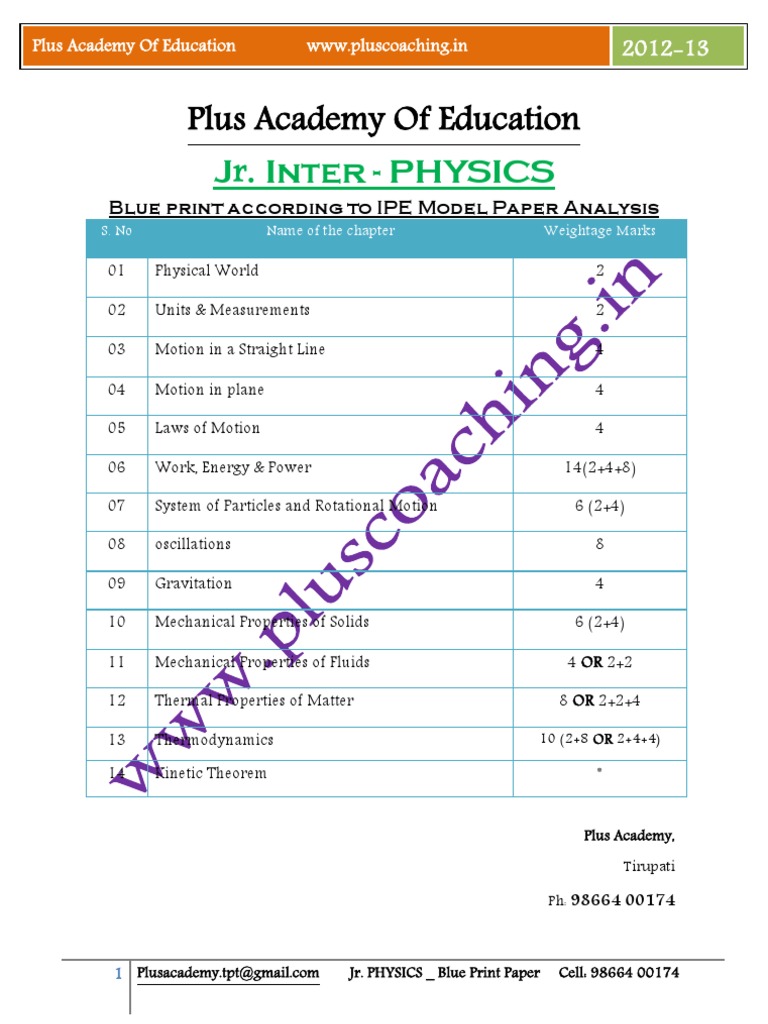 137.Jr. Physics Blue Print | PDF | Physics | Thermodynamics