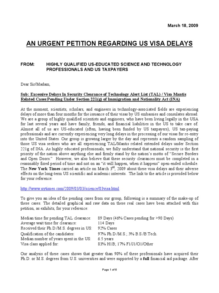 Petition - US Visa Delays Due To 221g TAL Administrative Processing ...