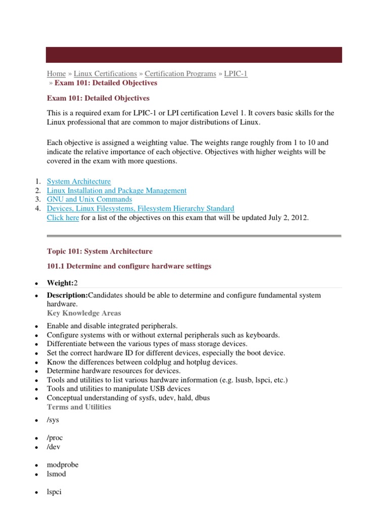 Exam 101: Detailed Objectives: Home Linux Certifications Certification ...