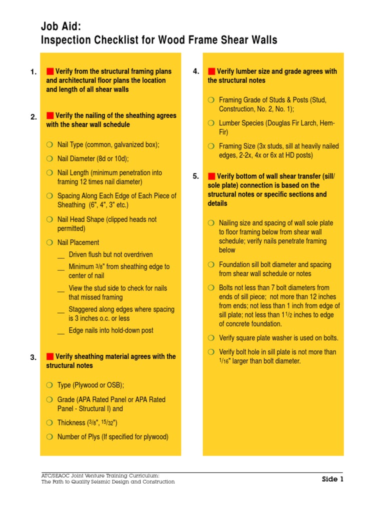 Jobaid1 Inspection Checklist For Wood Frame Shear Walls | PDF | Framing ...