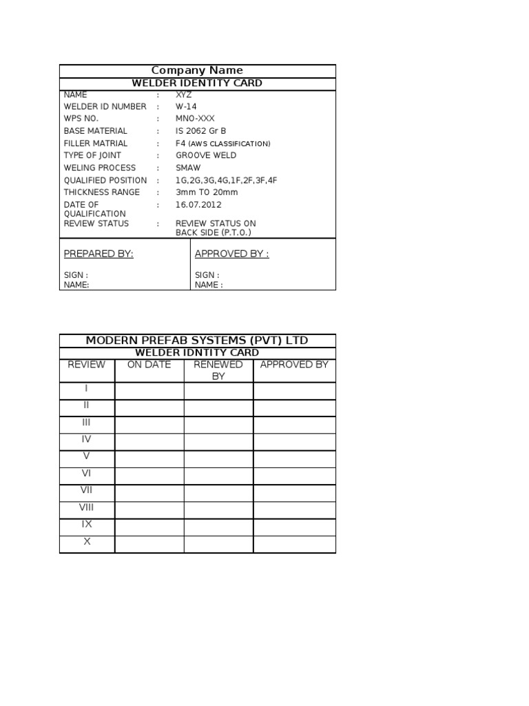 Welder Id Sample | PDF
