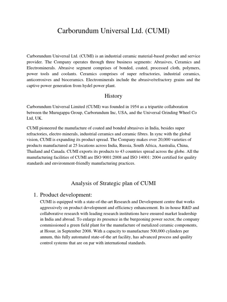 Carborundum Universal Ltd. (CUMI) : History | PDF | Materials | Industries