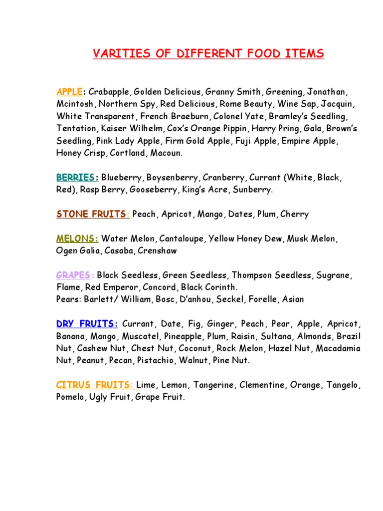 Comprehensive Guide to Food Varieties | PDF