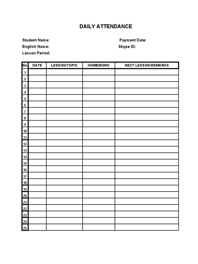 Daily Attendance: Student Name: Payment Date: English Name: Skype ID ...