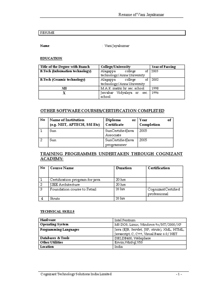 Resume Vani | PDF | Java (Programming Language) | Software Engineering