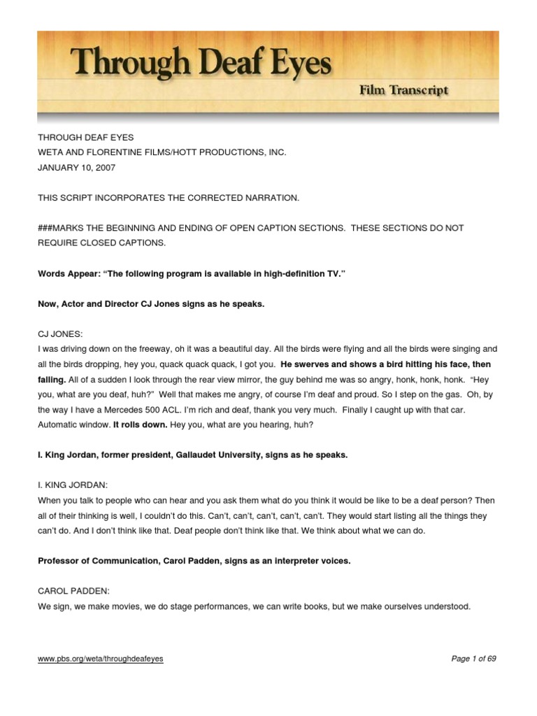 Transcript Through Deaf Eyes | PDF | Sign Language | Hearing Loss