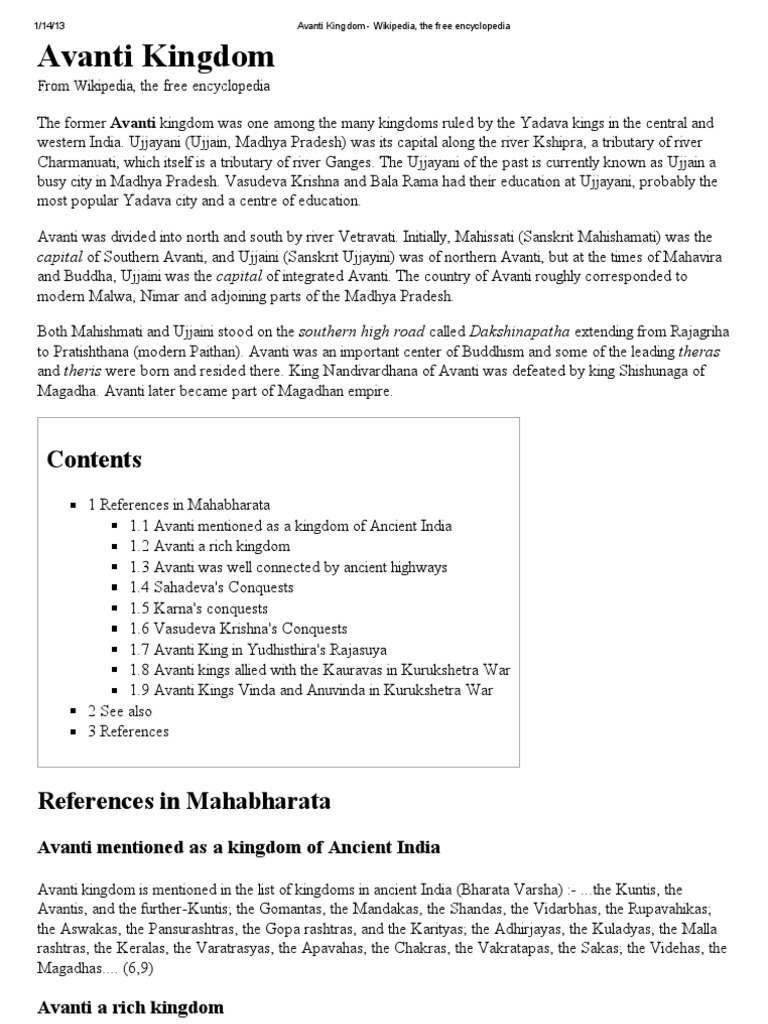 Avanti Kingdom - Wikipedia, The Free Encyclopedia | Mahabharata ...