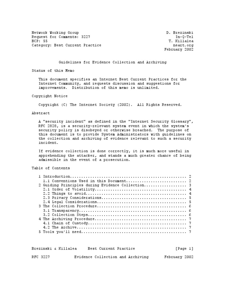 RFC3227 - Guidelines For Evidence Collection and Archiving | PDF ...