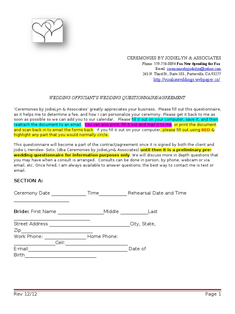 Wedding Officiant Questionnaire Form | PDF | Bridesmaid | Ceremonies