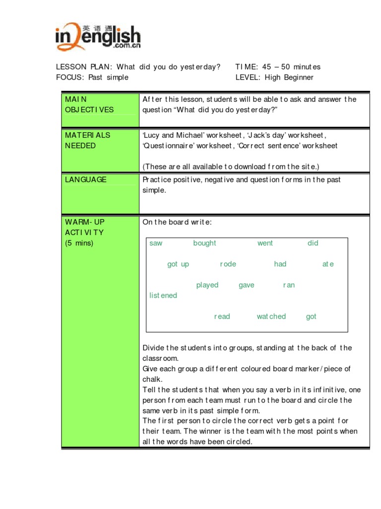 LessonPlan Past Simple | PDF