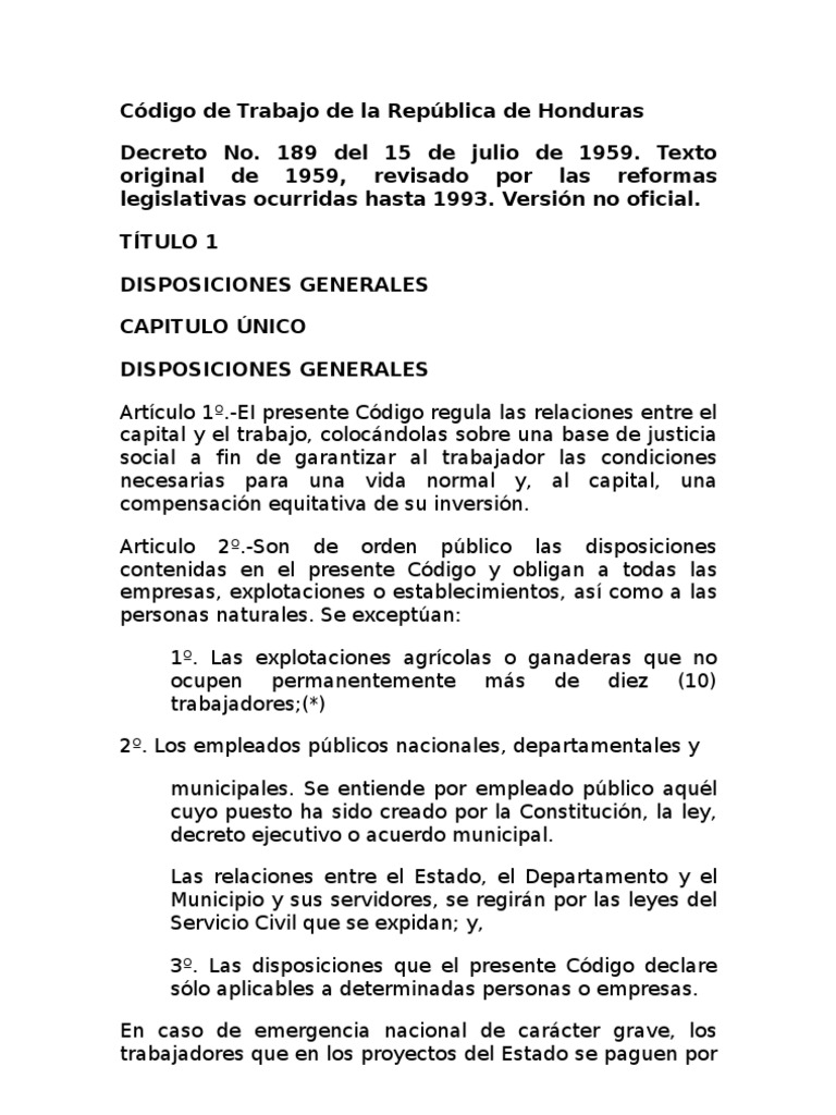Código del Trabajo de La República de Honduras | Derecho laboral ...