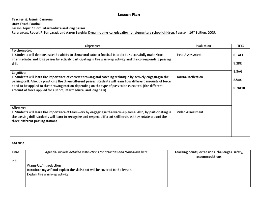Touch Football Lesson Plan | PDF | Educational Assessment | Lesson Plan