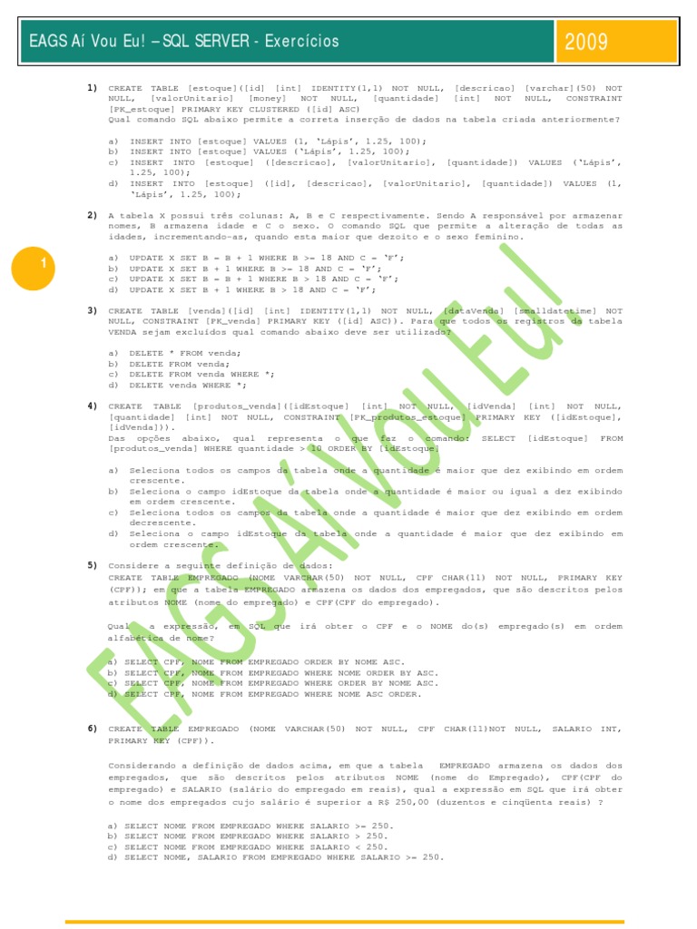 Exercicios SQL | PDF | SQL | Tabela (banco de dados)